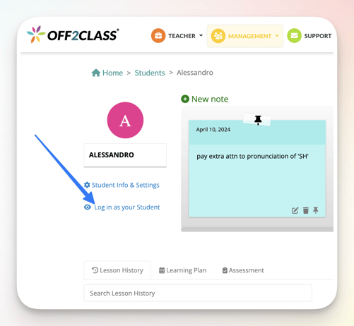 How can I log in as my student?