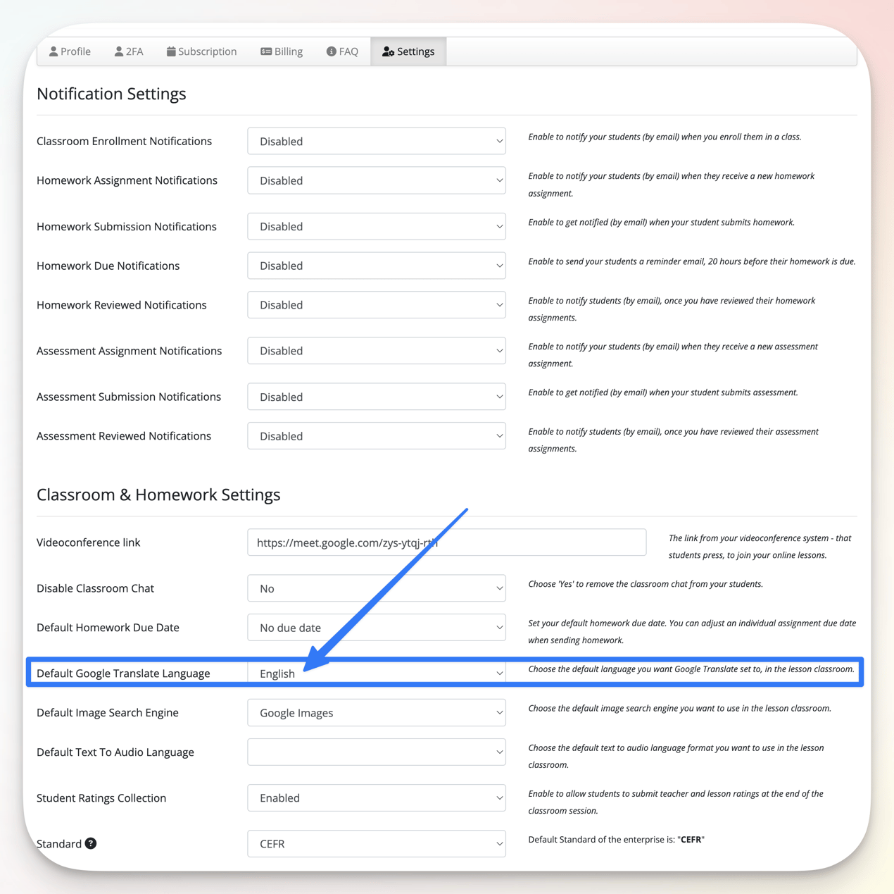 How can I manage the default Google Translate language?