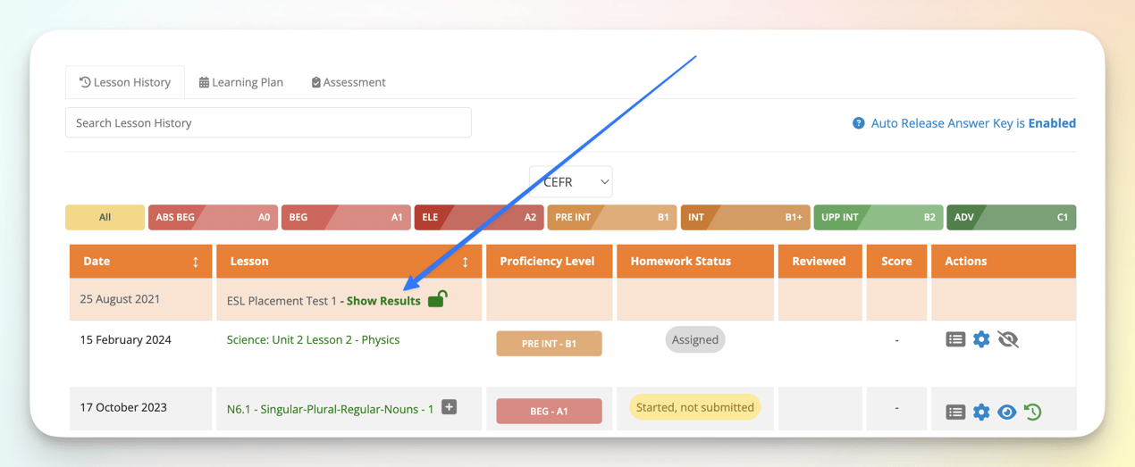 How can I review my students' placement test results?